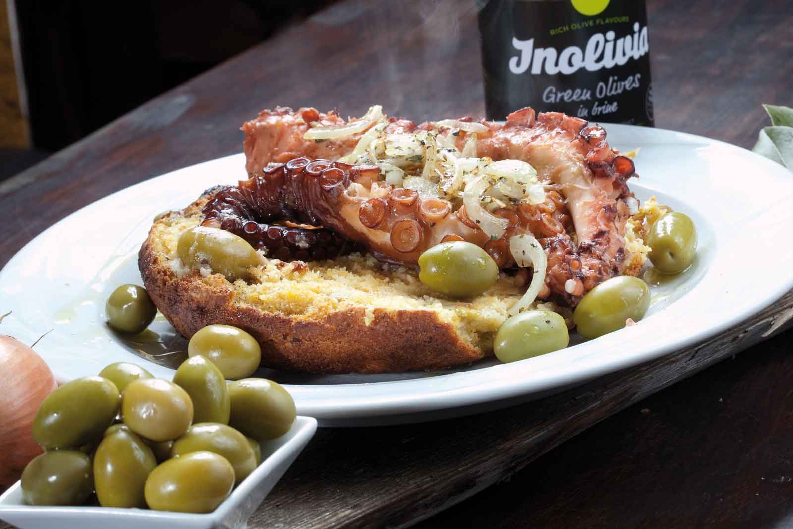 Stewed octopus w. olives & Mt. Athos olive bread - Inolivia